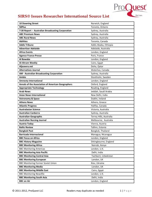 SIRS® Issues Researcher International Source List - ProQuest