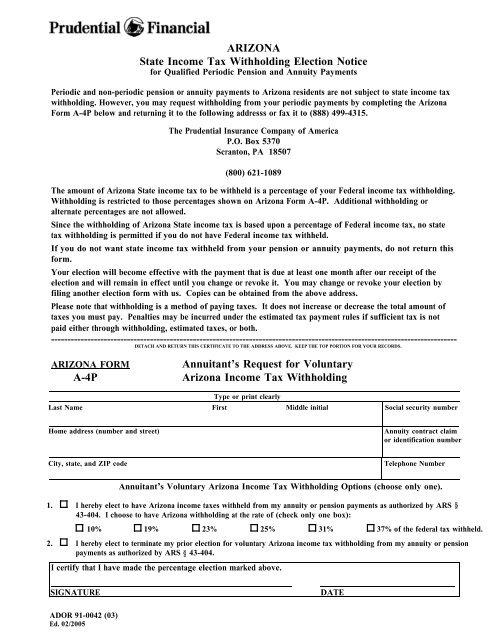 ARIZONA State Income Tax Withholding Election Notice ... - Prudential