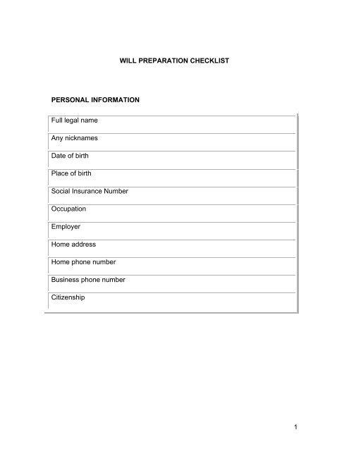 1 WILL PREPARATION CHECKLIST PERSONAL INFORMATION ...
