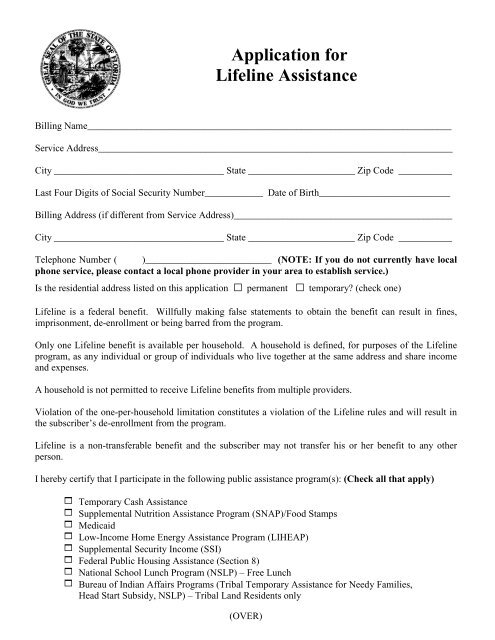 Application for Lifeline Assistance - Public Service Commission