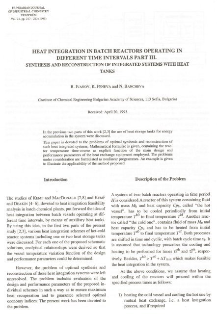 HEAT INTEGRATION IN BATCH REACTORS ... - Pse.ice.bas.bg