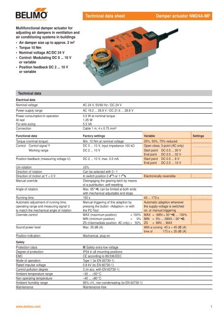 Technical data sheet Damper actuator NM24A-MF - Betec Controls