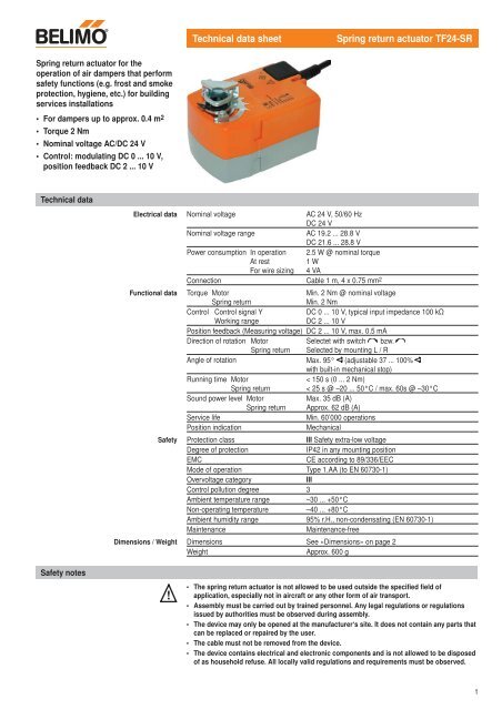 Technical data sheet Spring return actuator TF24-SR - Betec Controls