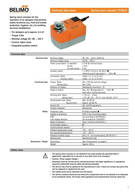 Technical data sheet Spring return actuator TF230-S - Belimo
