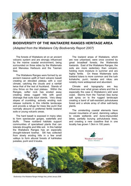 Biodiversity of the Waitakere Ranges Heritage Area - Ark in the Park