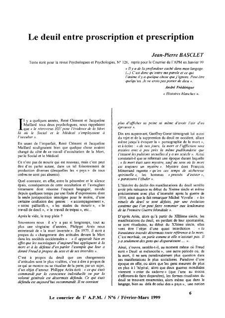 Le deuil entre proscription et prescription J.-P. BASCLET