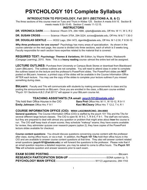 PSYCHOLOGY 101 Complete Syllabus - Department of Psychology ...