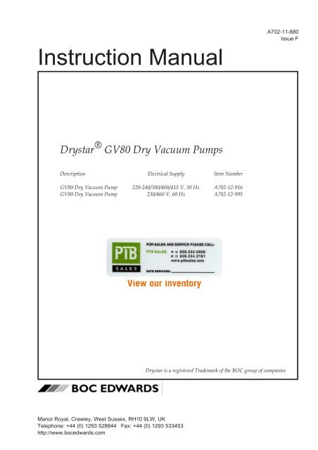 Instr Manual: Drystar GV80 Dry Vacuum Pumps - en - PTB Sales