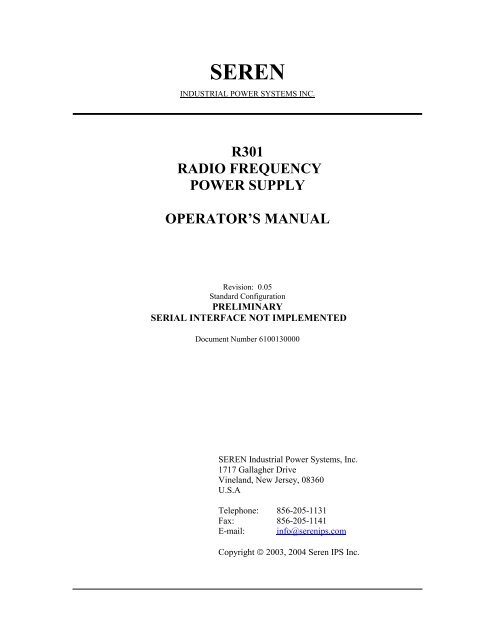 R301 RF Power Supply Operator Manual