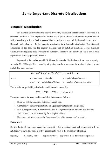 Some Important Discrete Distributions Binomial Distribution