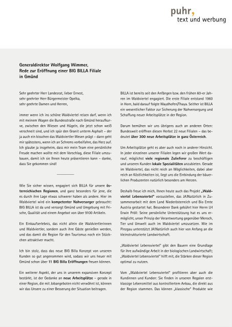 zum Beispiel: Billa, Rede - puhr, text und werbung