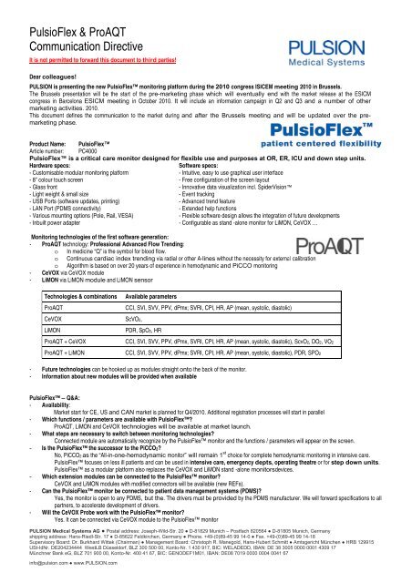 PulsioFlex & ProAQT Communication Directive - PULSION Medical ...