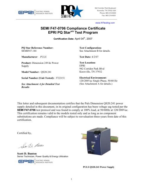 SEMI F47-0706 Compliance Certificate EPRI PQ Star Test Program