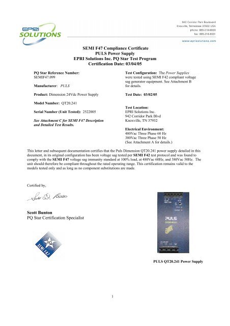 SEMI F47 Compliance Certificate PULS Power Supply EPRI ...