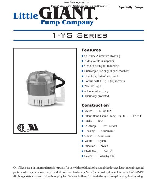 Catalog # 1-YS. CLICK HERE for PDF DataSheet - Pump Agents