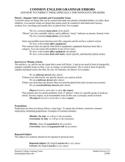 COMMON ENGLISH GRAMMAR ERRORS - Purchase College