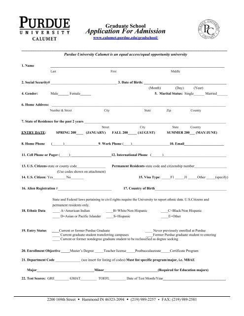 Application For Admission - Purdue University Calumet