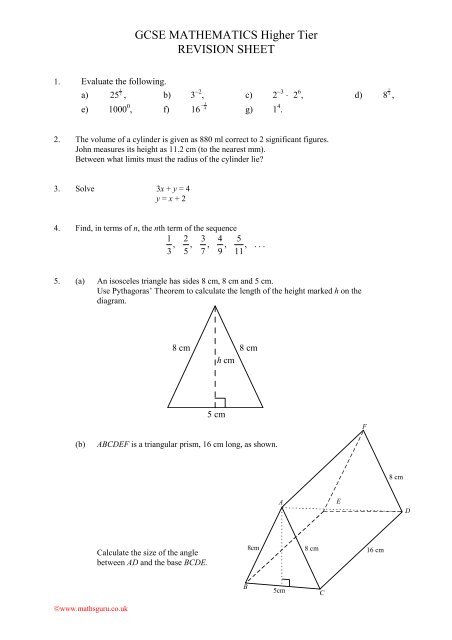 GCSE MATHEMATICS Higher Tier REVISION SHEET