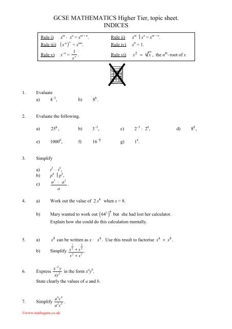 GCSE MATHEMATICS Higher Tier, topic sheet. INDICES GCSE MATHEMATICS Higher Tier, topic sheet. INDICES