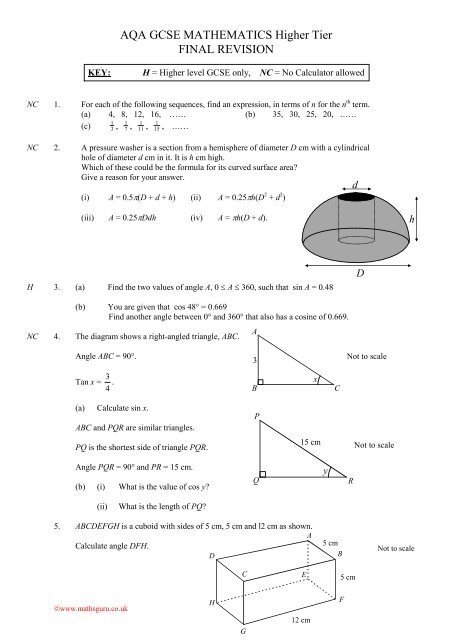 AQA GCSE MATHEMATICS Higher Tier FINAL REVISION AQA GCSE MATHEMATICS Higher Tier FINAL REVISION