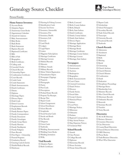 Genealogy Source Checklist - Puget Sound Genealogical Society