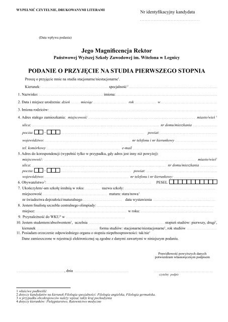 Podanie o PRZyJÄ cie na Studia PieRWSZego StoPnia - PWSZ im ... Podanie o PRZyJÄ cie na Studia PieRWSZego StoPnia - PWSZ im ...