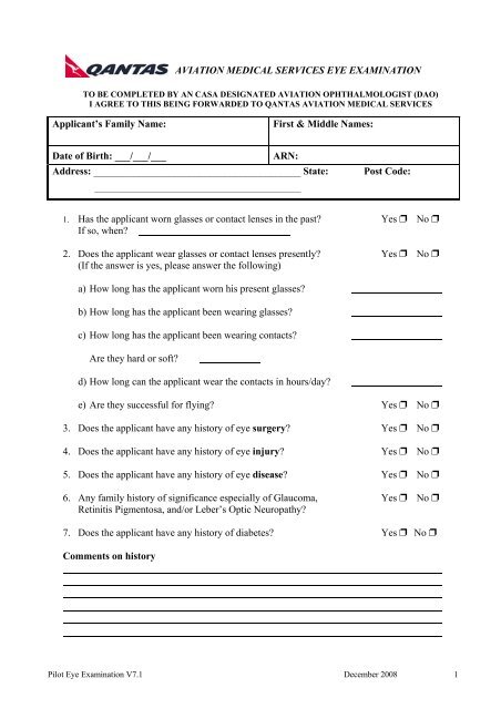 Aviation Medical Services Eye Examination Form Qantas