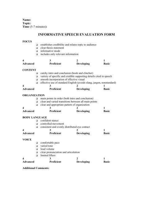 INFORMATIVE SPEECH GRADING SHEET