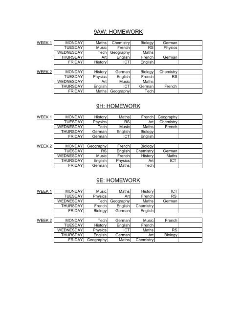 Year 9 Homework Timetable