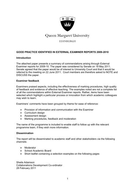 Good practice identified in external examiner reports - Queen ...
