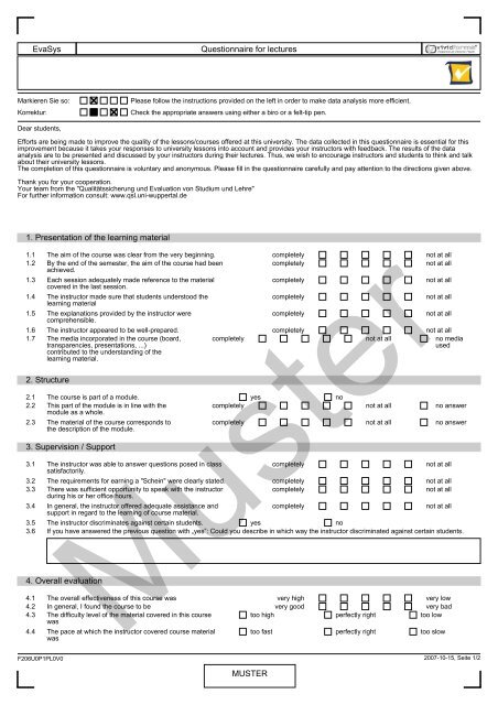 MUSTER EvaSys Questionnaire for lectures 1. Presentation of ... - QSL
