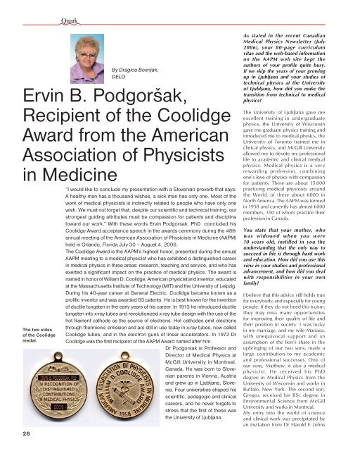 Ervin B. Podgoršak, Recipient of the Coolidge ... - Quark Magazine