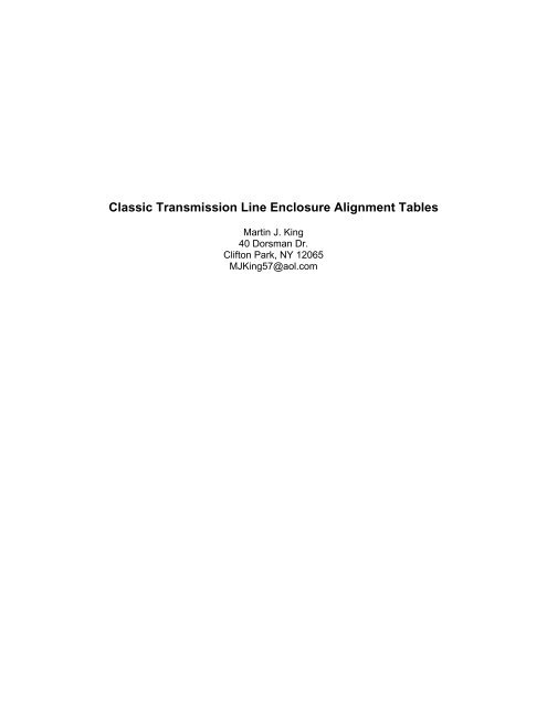 Classic Transmission Line Enclosure Alignment Tables - Quarter ...
