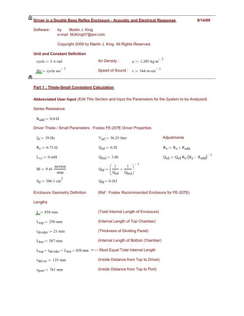 Double Bass Reflex Worksheet