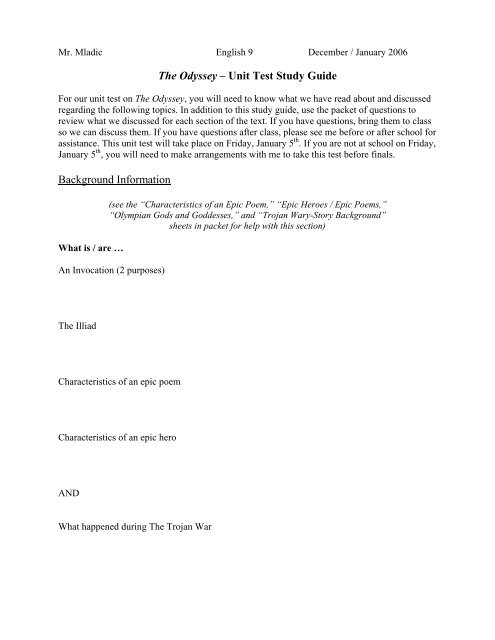 The Odyssey â Unit Test Study Guide Background Information - Quia