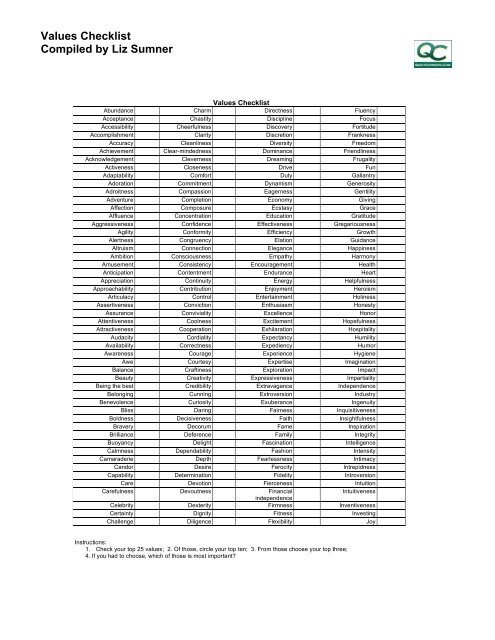 Values Checklist Compiled by Liz Sumner