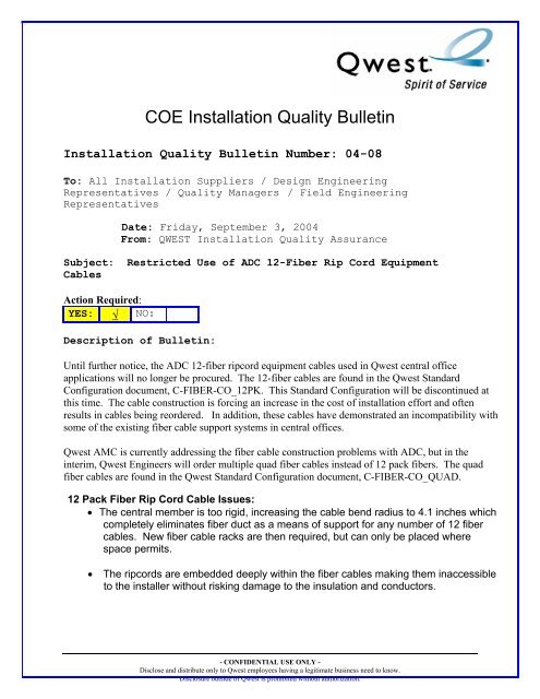 COE Installation Quality Bulletin - Qwest