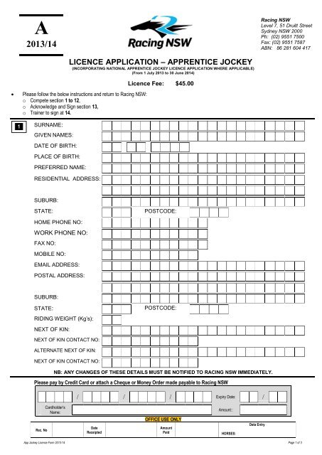 LICENCE APPLICATION â APPRENTICE JOCKEY - Racing NSW