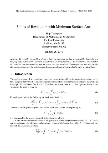 Solids of Revolution with Minimum Surface Area - Radford University