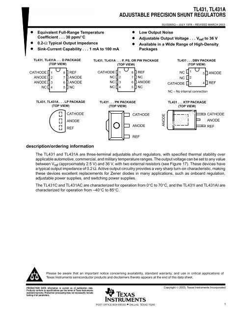 tl431, tl431a adjustable precision shunt regulators - Datasheet Catalog