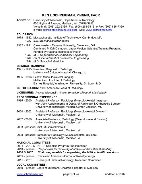 KEN L SCHREIBMAN, PhD/MD - Department of Radiology ...