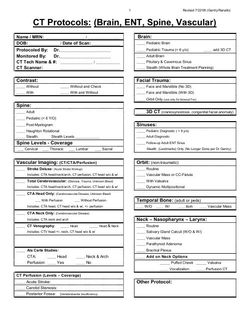 CT Protocols: (Brain, ENT, Spine, Vascular) - Department of Radiology