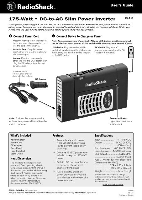 175-Watt â ¢ DC-to-AC Slim Power Inverter - Radio Shack