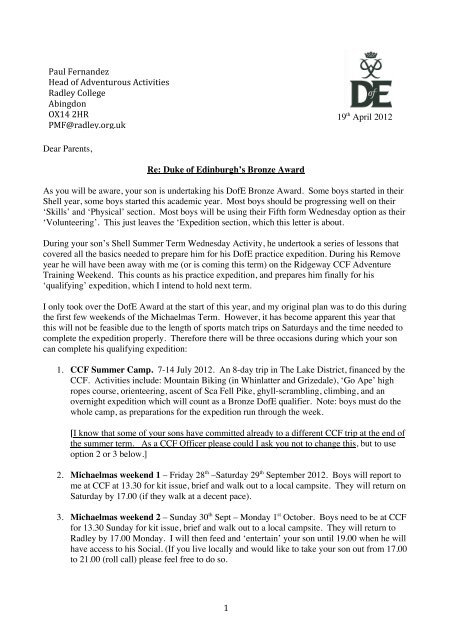 DofE Parental Letter Removes 2011-12 - Radley College