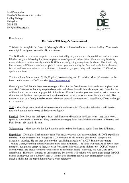 Dear Parents, Re: Duke Of Edinburgh's Bronze ... - Radley College