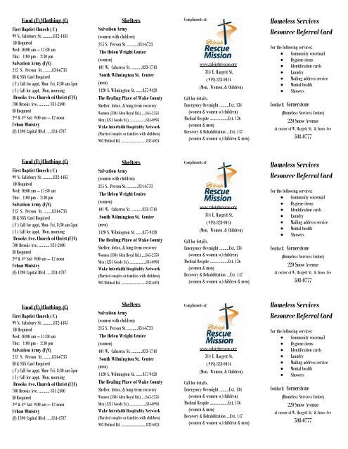 Homeless Services Resource Referral Card - Raleigh Rescue Mission