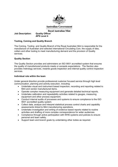 Job Description Quality Officer APS Level 4 Tooling Coining And job-description-quality-officer-aps-level-4-tooling-coining-and
