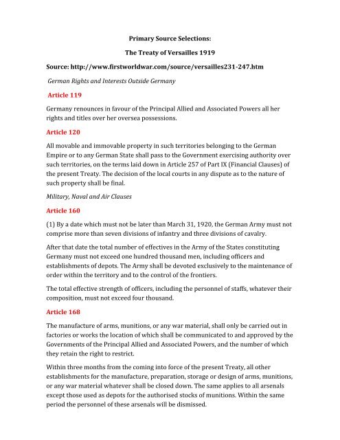 Primary Source Selections: The Treaty of Versailles 1919 Source ...