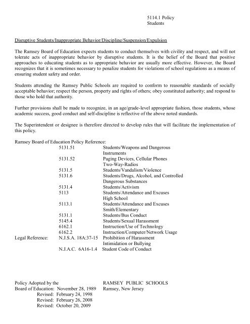 5114.1 Policy Students Disruptive Students/Inappropriate Behavior ...