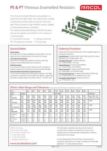 PE & PT Vitreous Enamelled Resistors - ReVolt